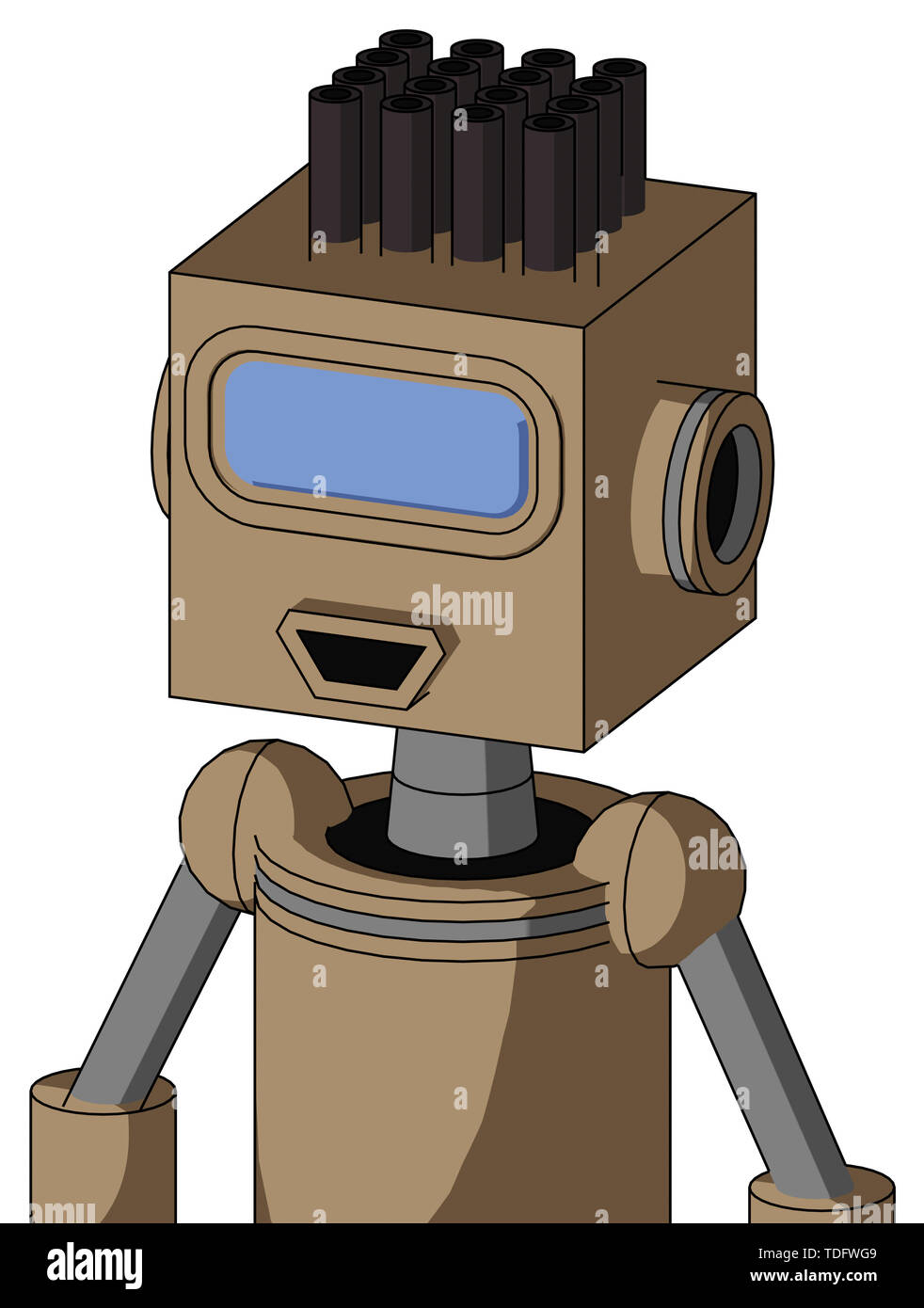 Portrait style cardboard mech with box head and happy mouth and large ...
