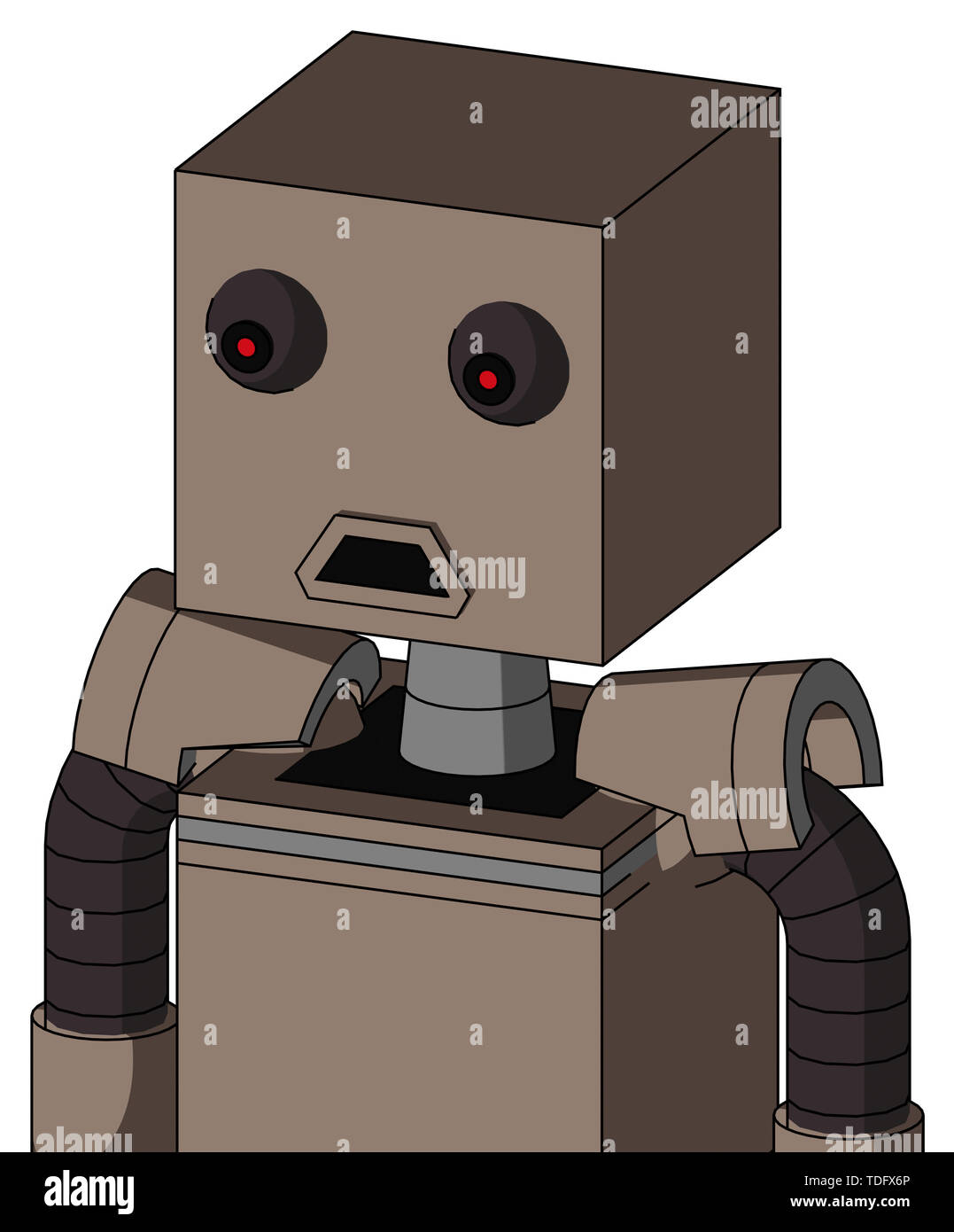 Portrait style gray robot with box head and sad mouth and red eyed ...