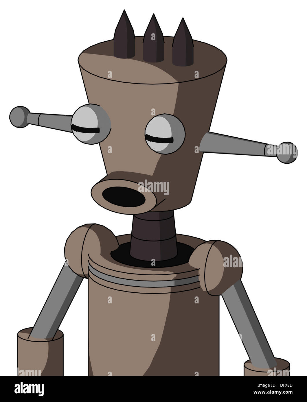 Portrait style gray robot with cylinder-conic head and round mouth and ...