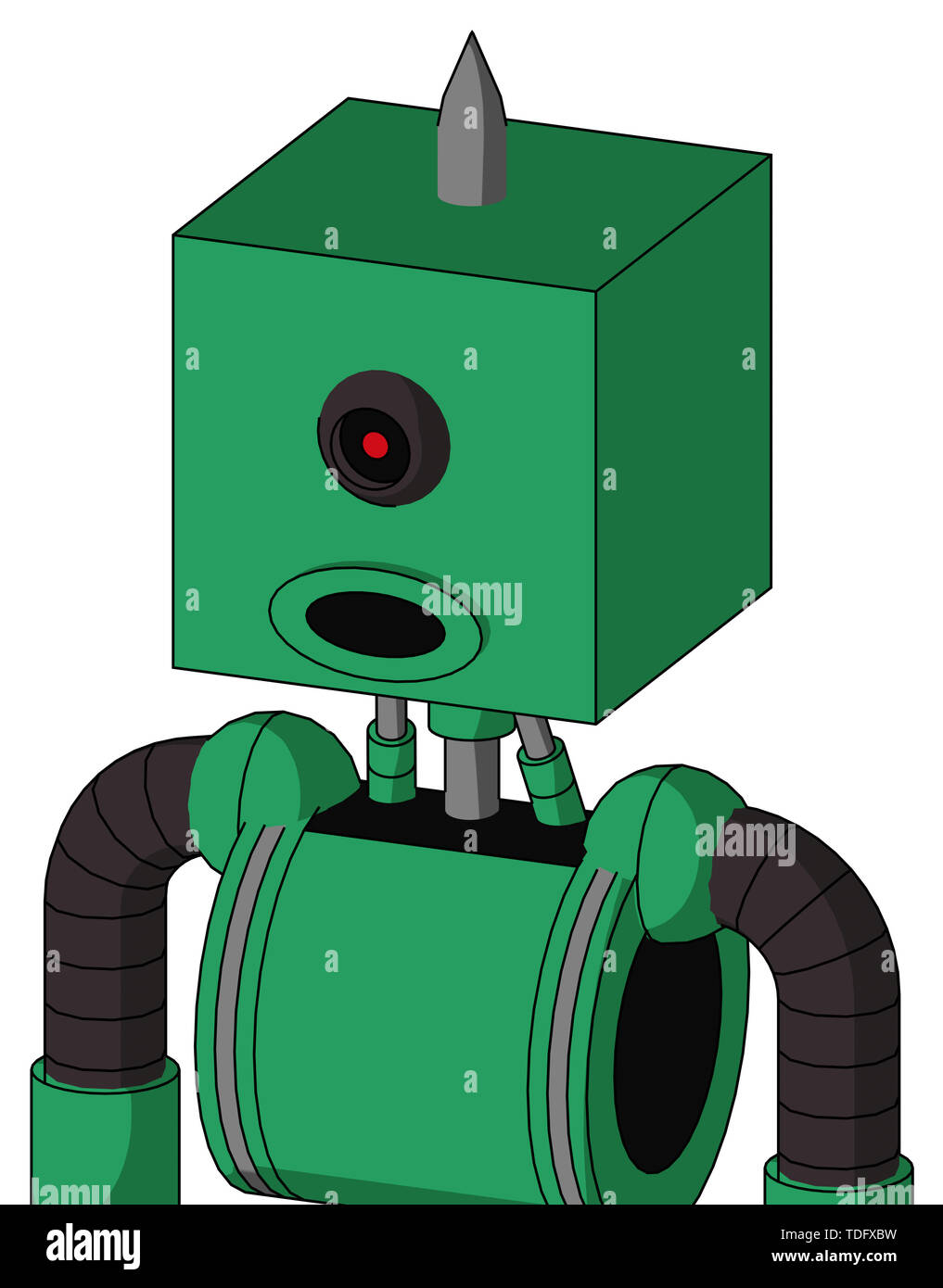 Portrait style green automaton with box head and round mouth and black ...