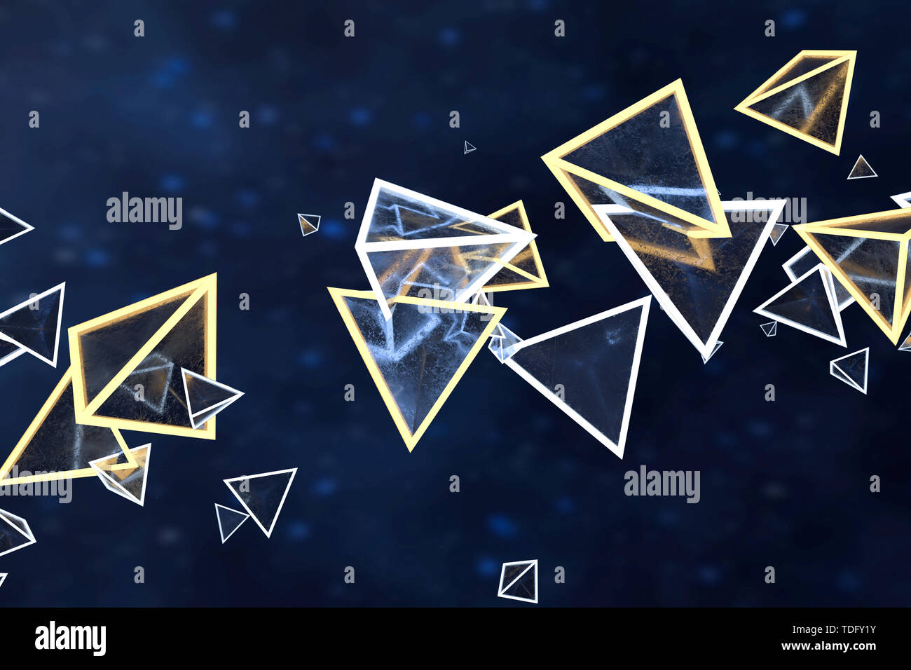 Three-dimensional rendering, triangular transparent gem against dark ...