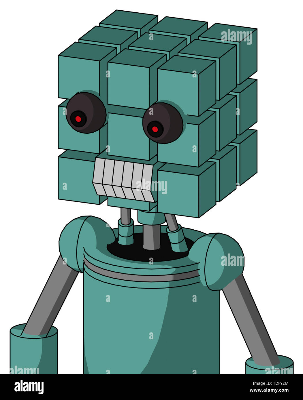 Portrait style greenish mech with cube head and teeth mouth and red ...
