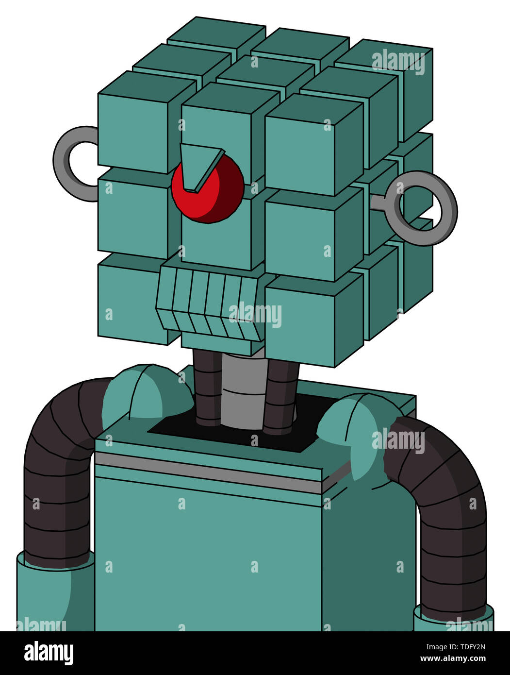 Portrait style greenish mech with cube head and toothy mouth and angry ...