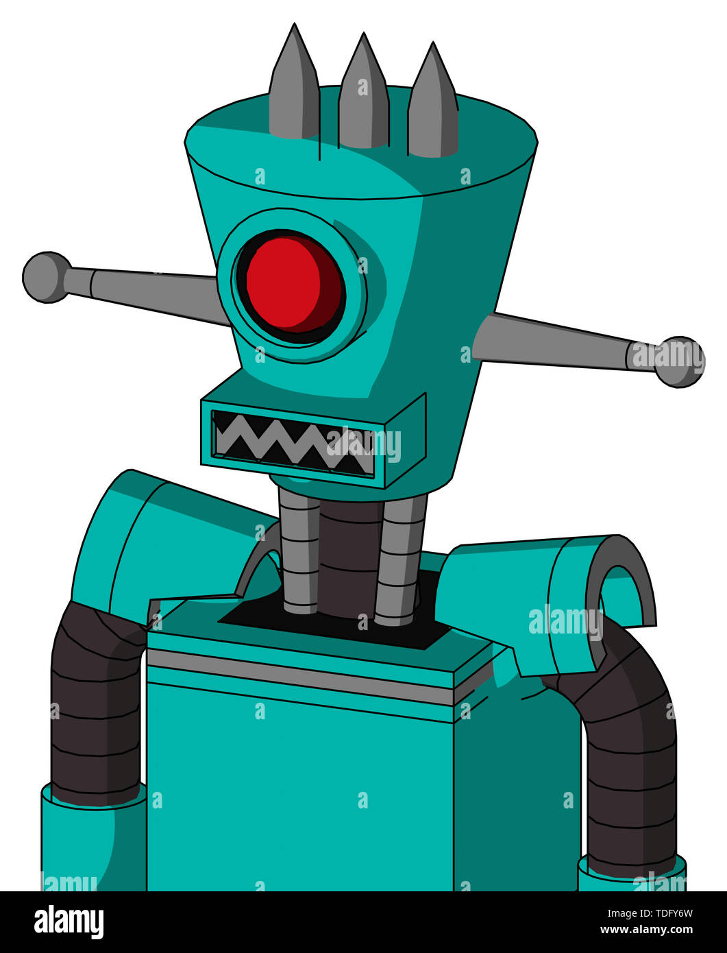 Portrait style greenish robot with cylinder-conic head and square mouth ...