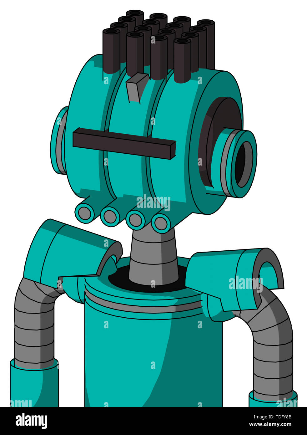 Portrait style greenish robot with multi-toroid head and pipes mouth ...