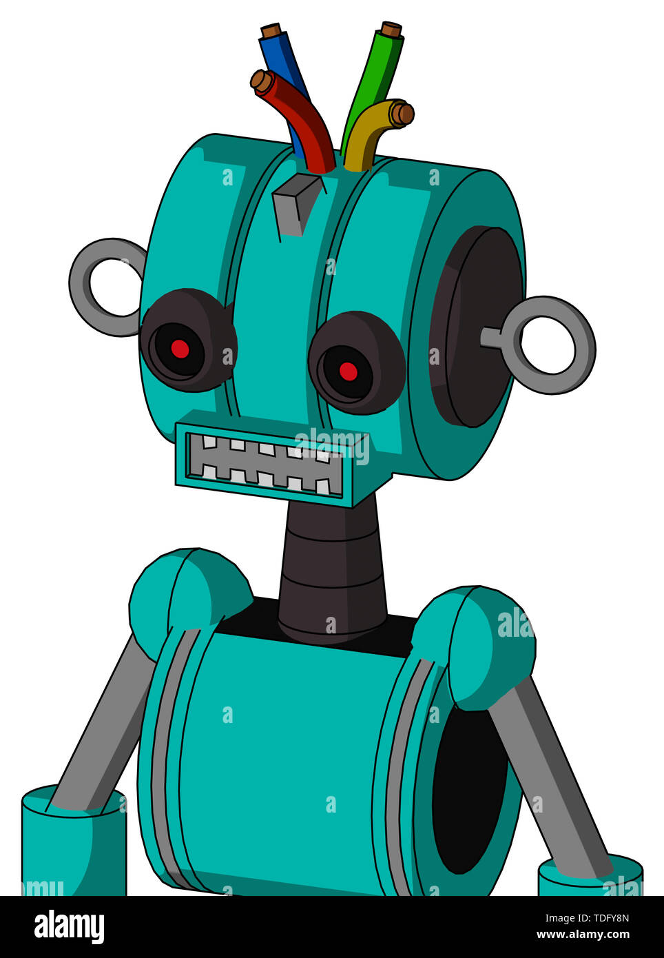 Portrait style greenish robot with multi-toroid head and square mouth ...