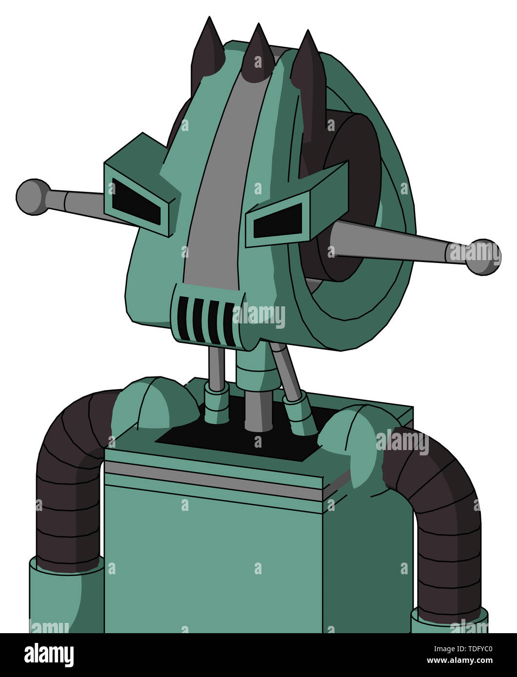 Portrait style green mech with droid head and speakers mouth and angry ...