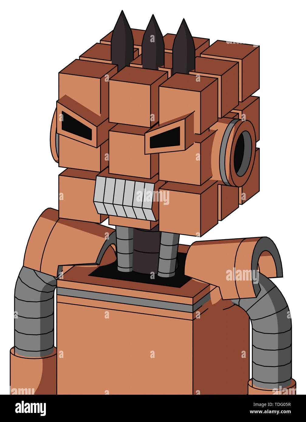 Portrait style peach robot with cube head and teeth mouth and angry ...