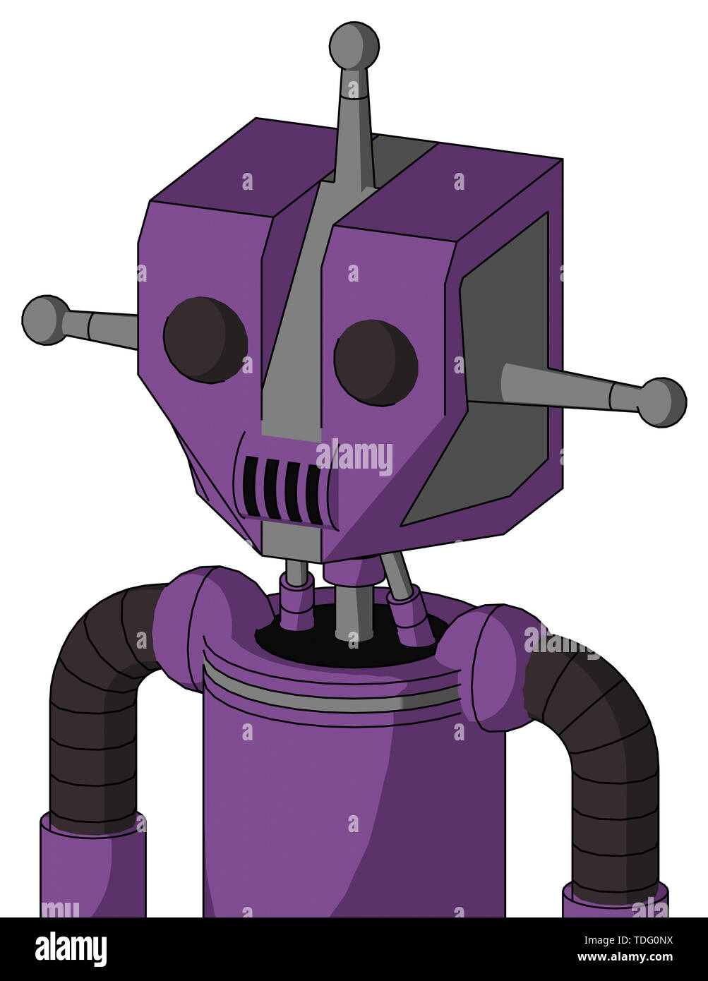 Portrait style purple automaton with mechanical head and speakers mouth ...