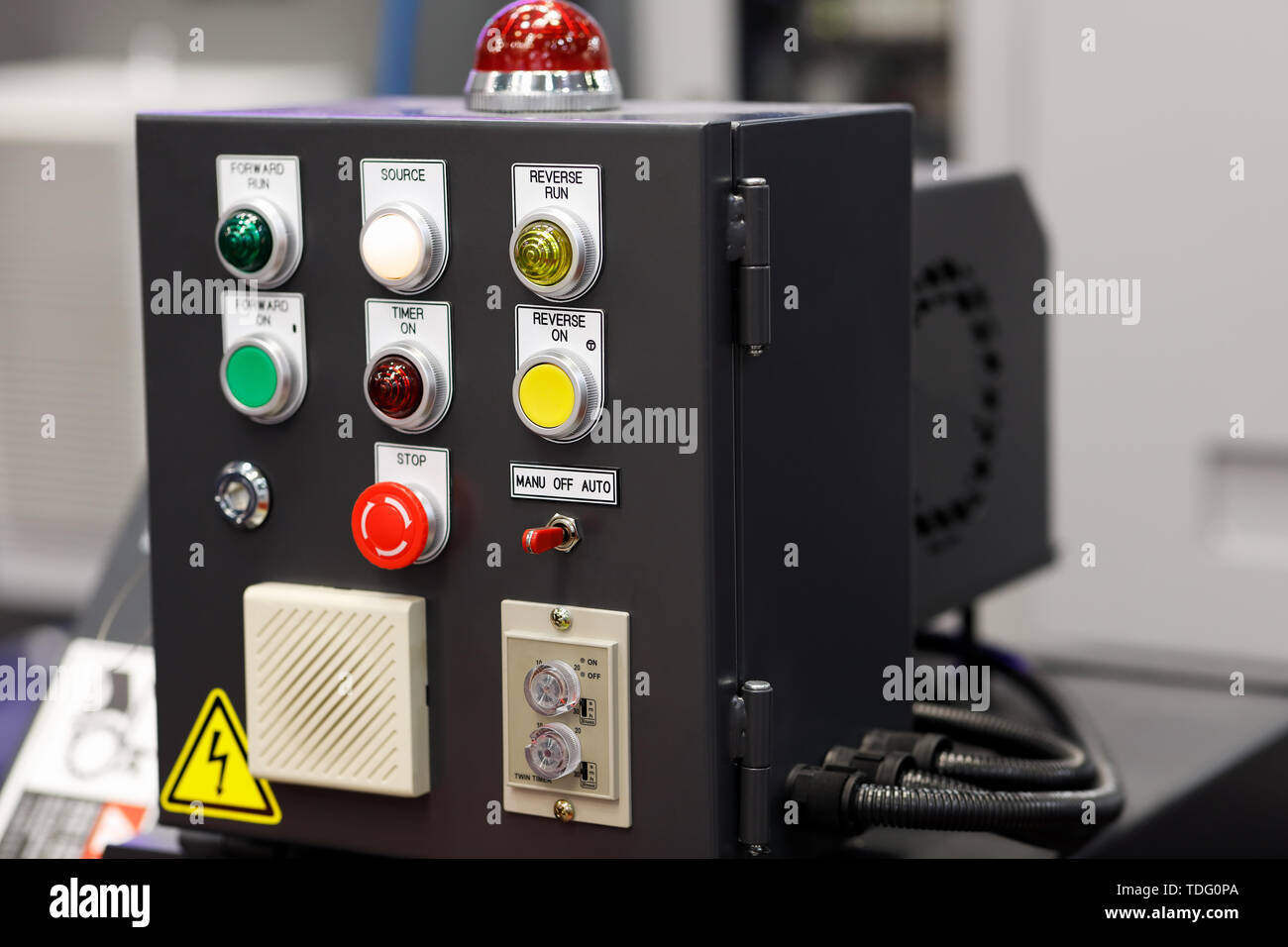 Electric control box of automated industrial equipment. Selective focus ...