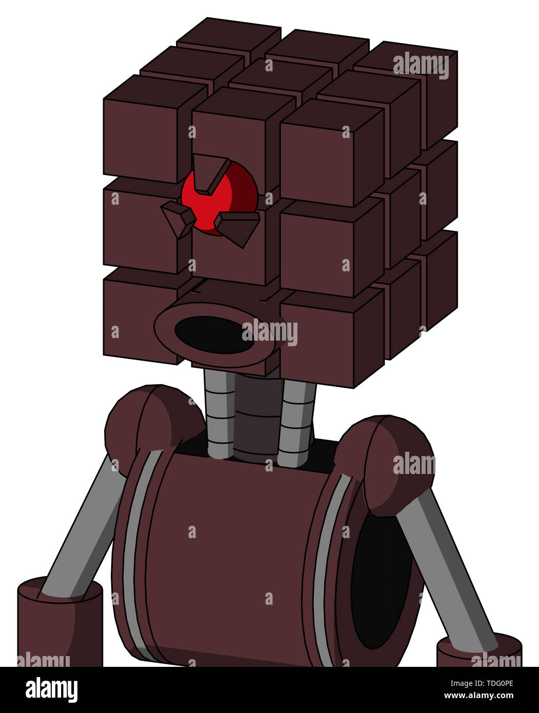 Portrait style purple droid with cube head and round mouth and angry ...