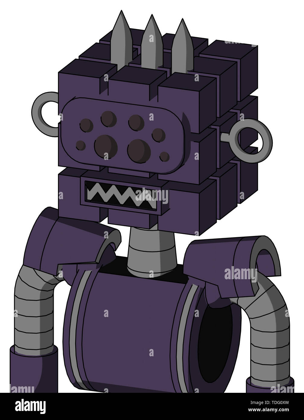 Portrait style purple mech with cube head and square mouth and bug eyes ...