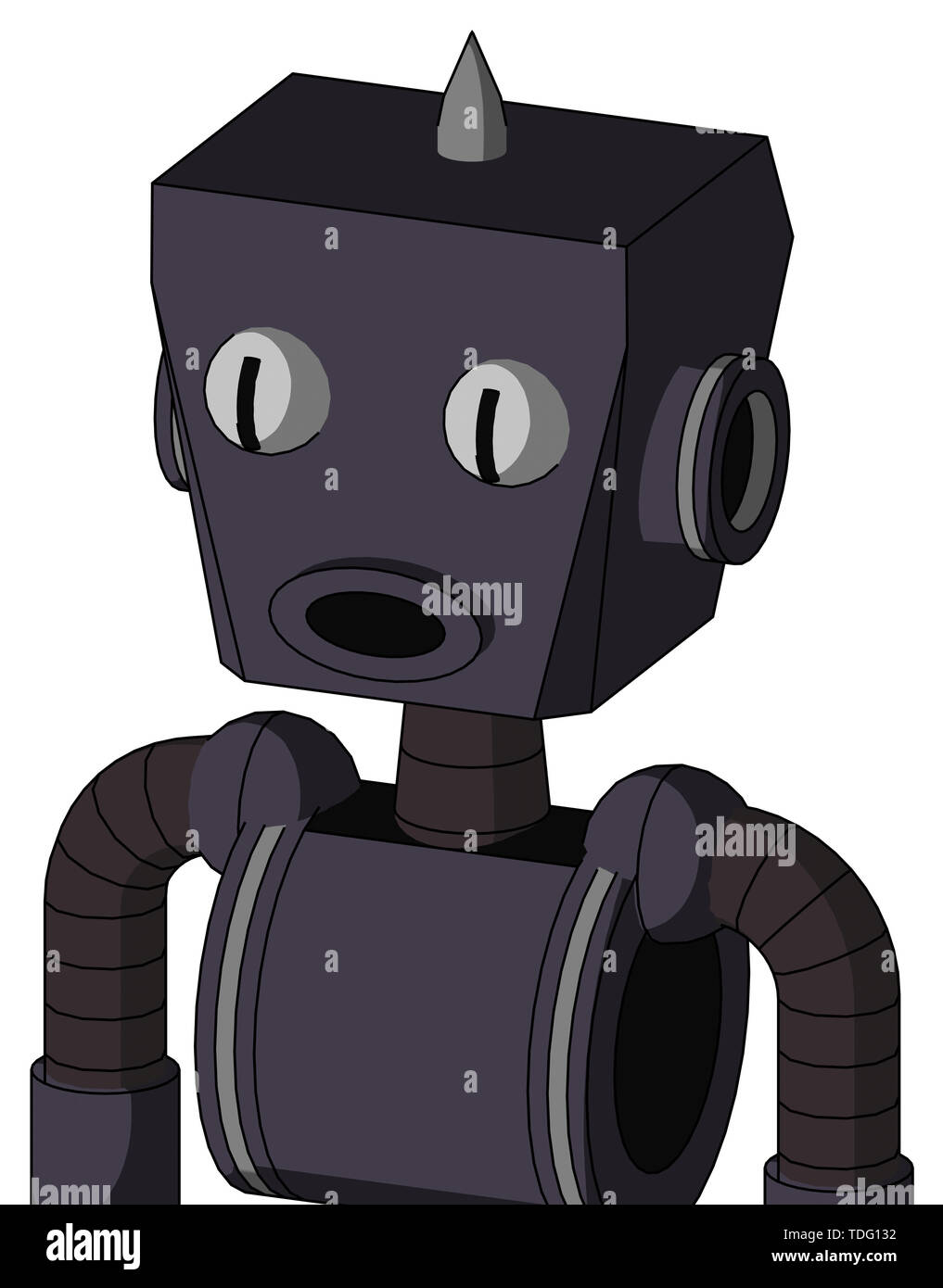 Portrait style purple robot with box head and round mouth and two eyes ...