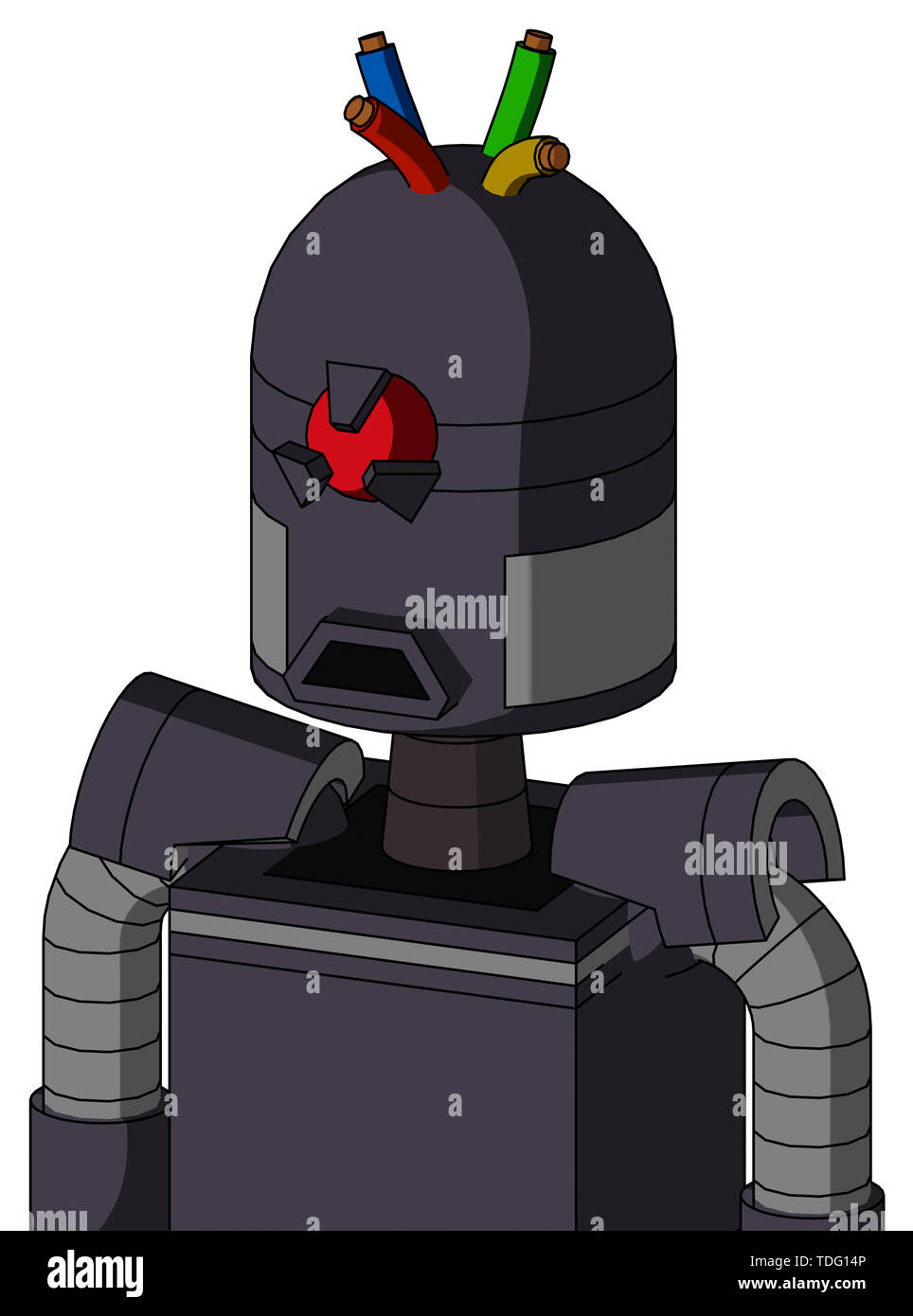 Portrait style purple robot with dome head and sad mouth and angry ...