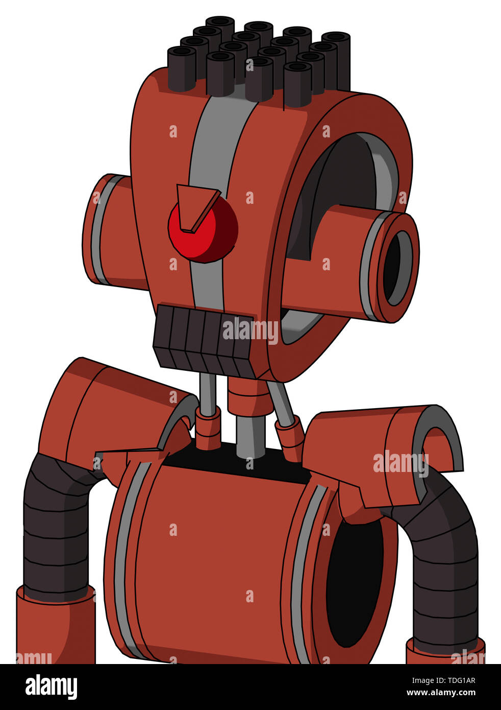 Portrait style red automaton with droid head and dark tooth mouth and ...