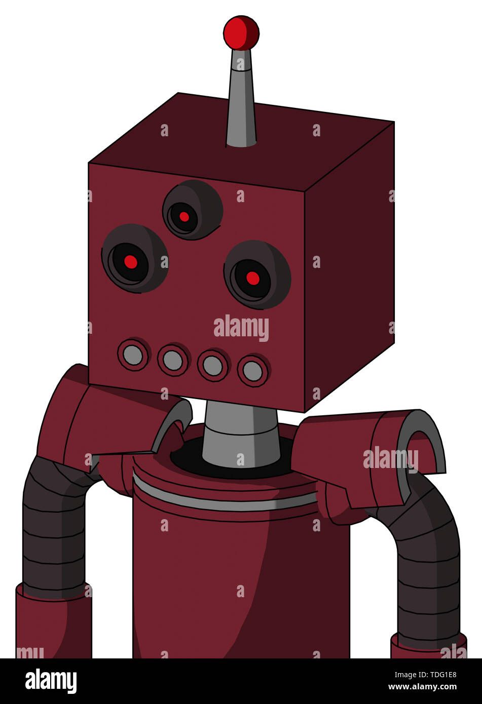 Portrait style red droid with box head and pipes mouth and three-eyed ...