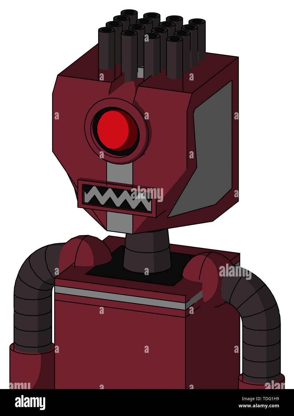Portrait style red droid with mechanical head and square mouth and ...