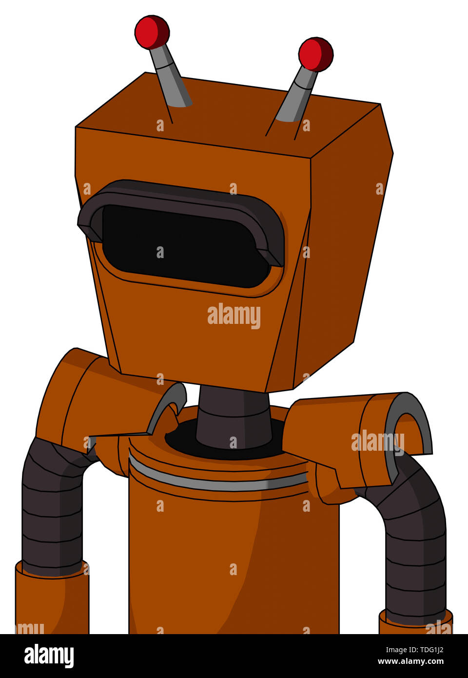 Portrait style redish-orange mech with box head and black visor eye and ...