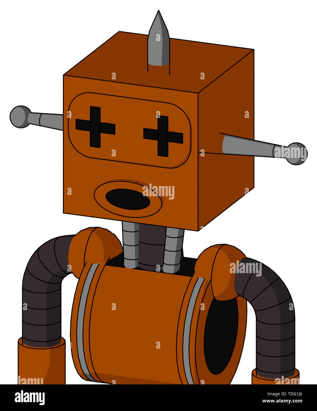 Portrait style redish-orange mech with box head and round mouth and ...