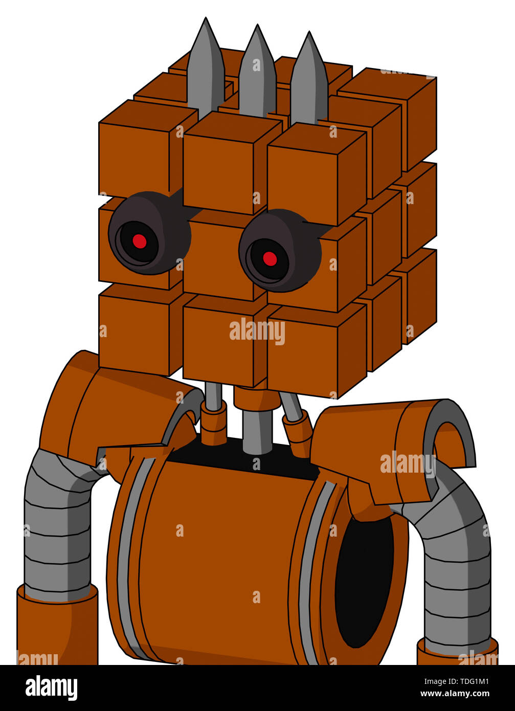 Portrait style redish-orange mech with cube head and black glowing red ...