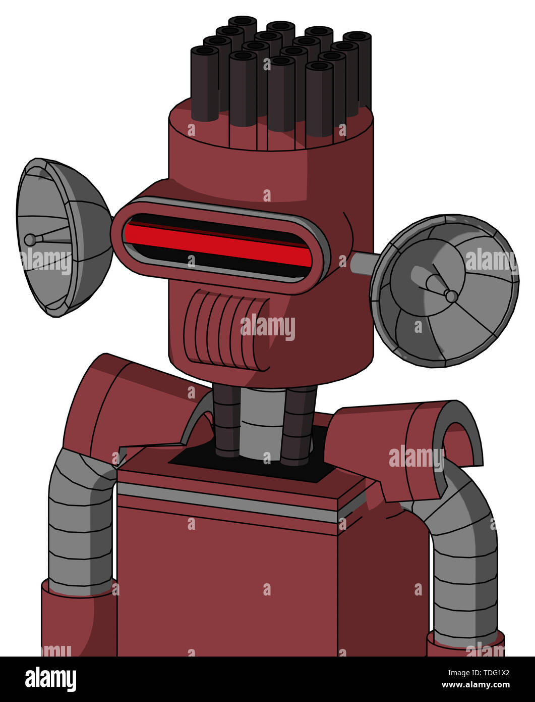 Portrait style red mech with cylinder head and speakers mouth and visor ...