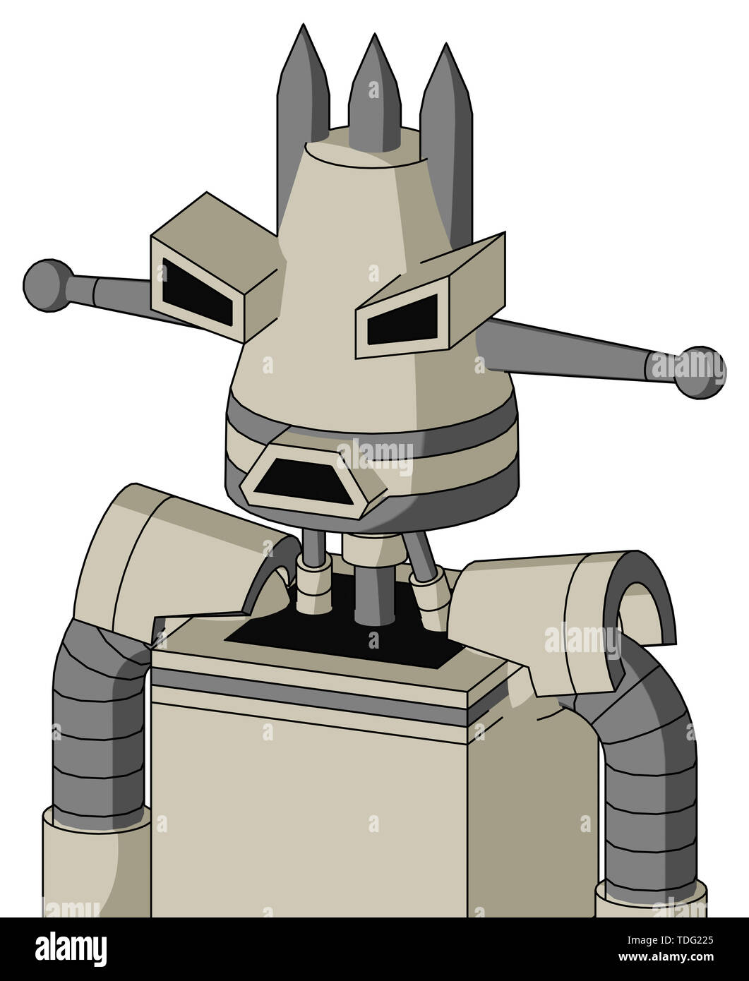 Portrait style tan mech with cone head and sad mouth and angry eyes and ...