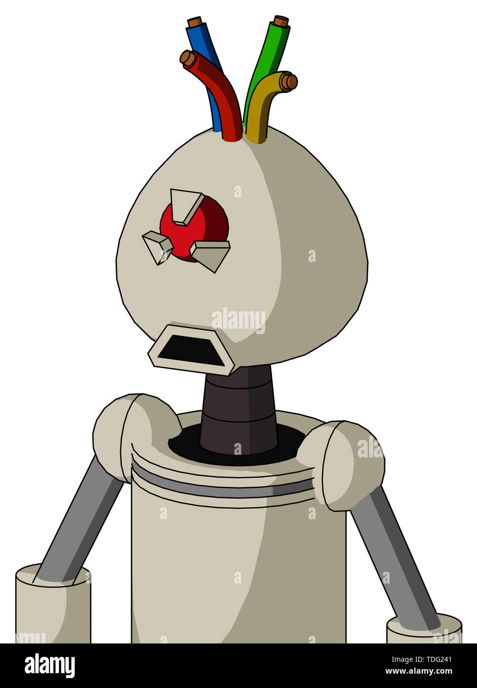 Portrait style tan mech with rounded head and sad mouth and angry ...