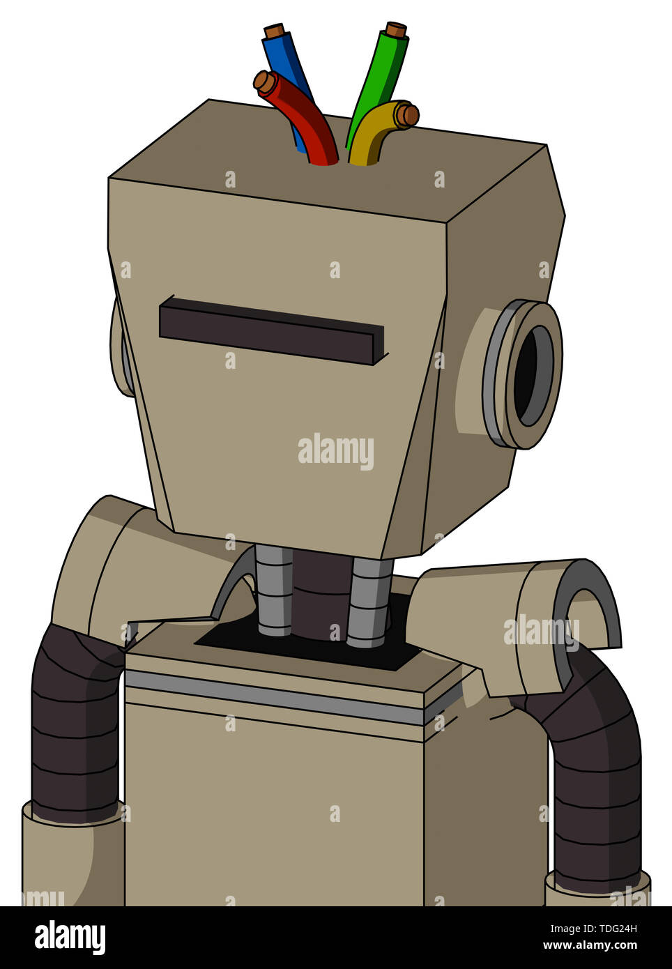 Portrait style tan robot with box head and black visor cyclops and wire ...