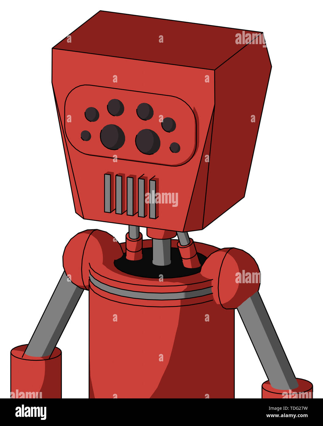 Portrait style tomato-red droid with box head and vent mouth and bug ...