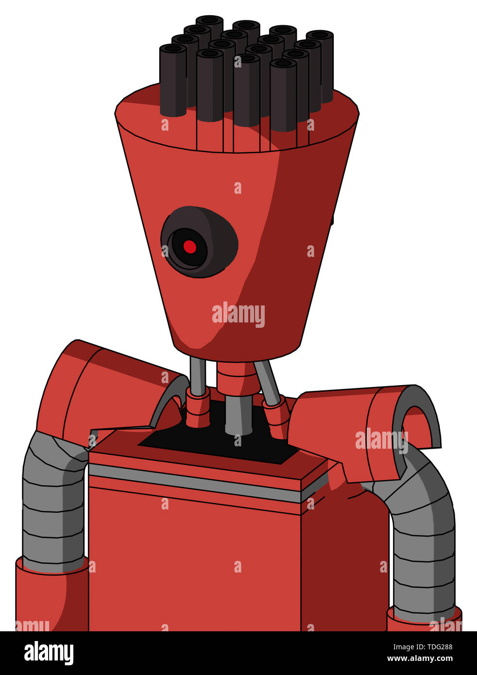 Portrait style tomato-red droid with cylinder-conic head and black ...