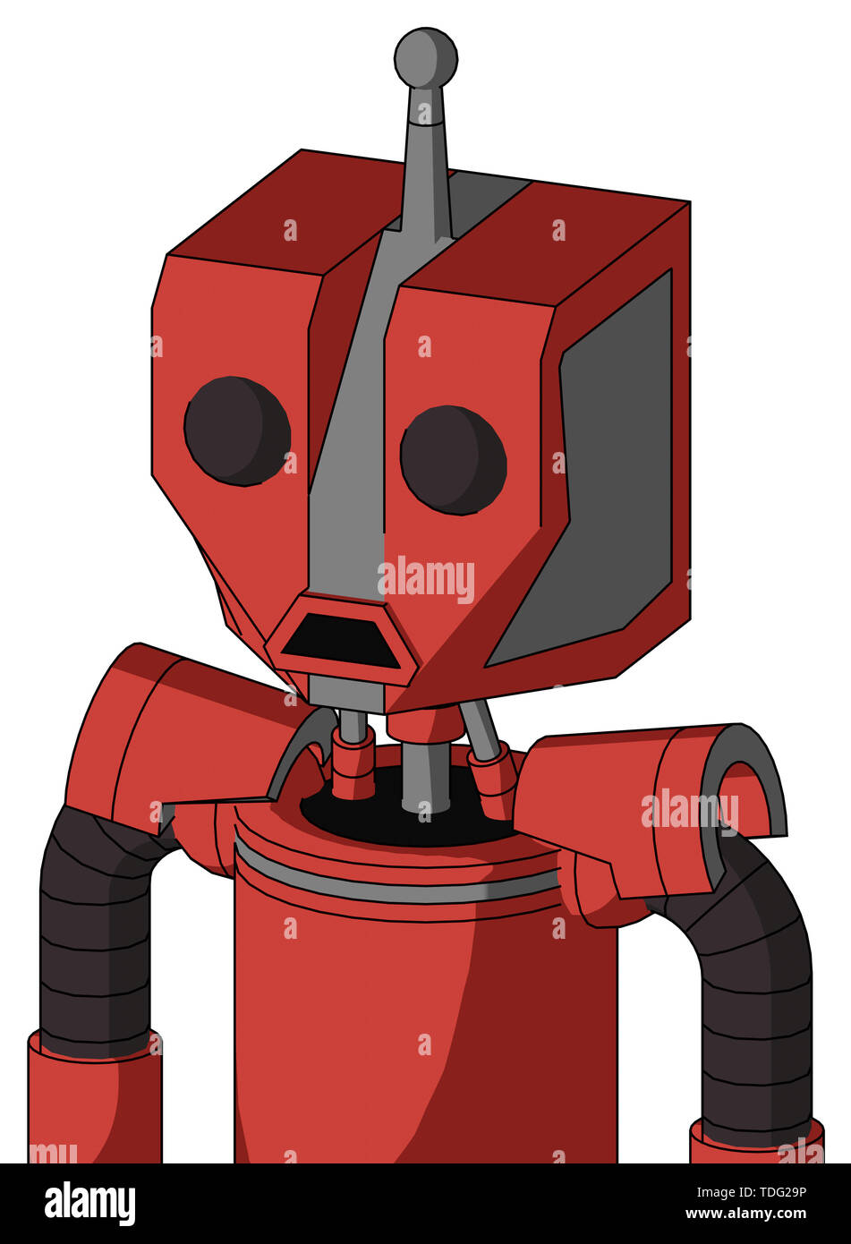 Portrait style tomato-red droid with mechanical head and sad mouth and ...