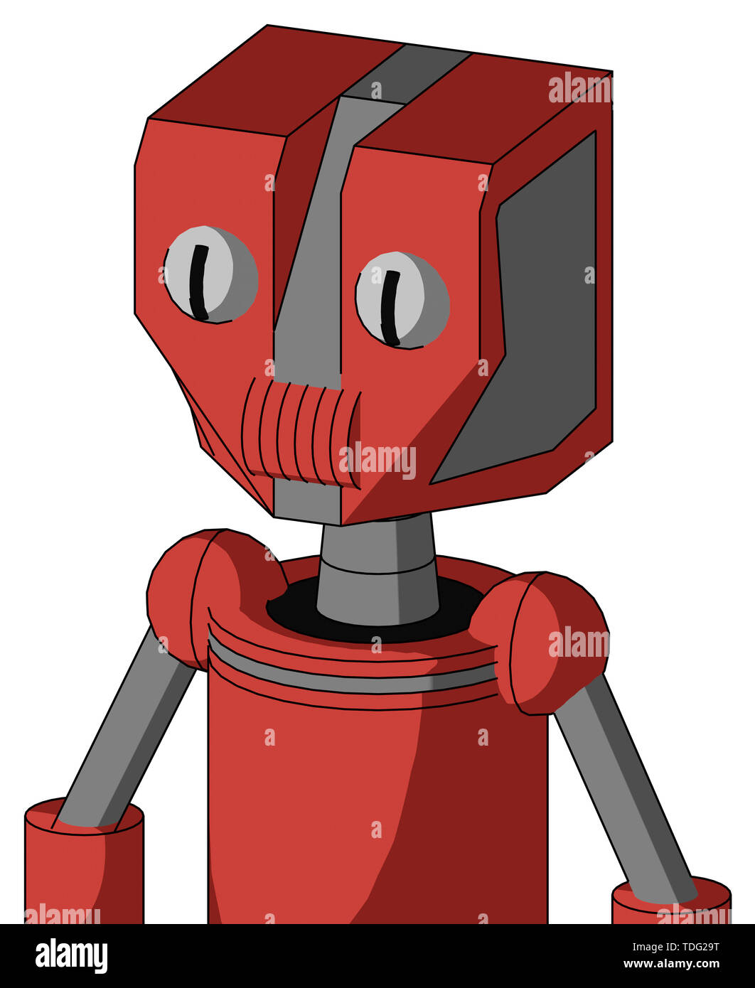 Portrait style tomato-red droid with mechanical head and speakers mouth ...