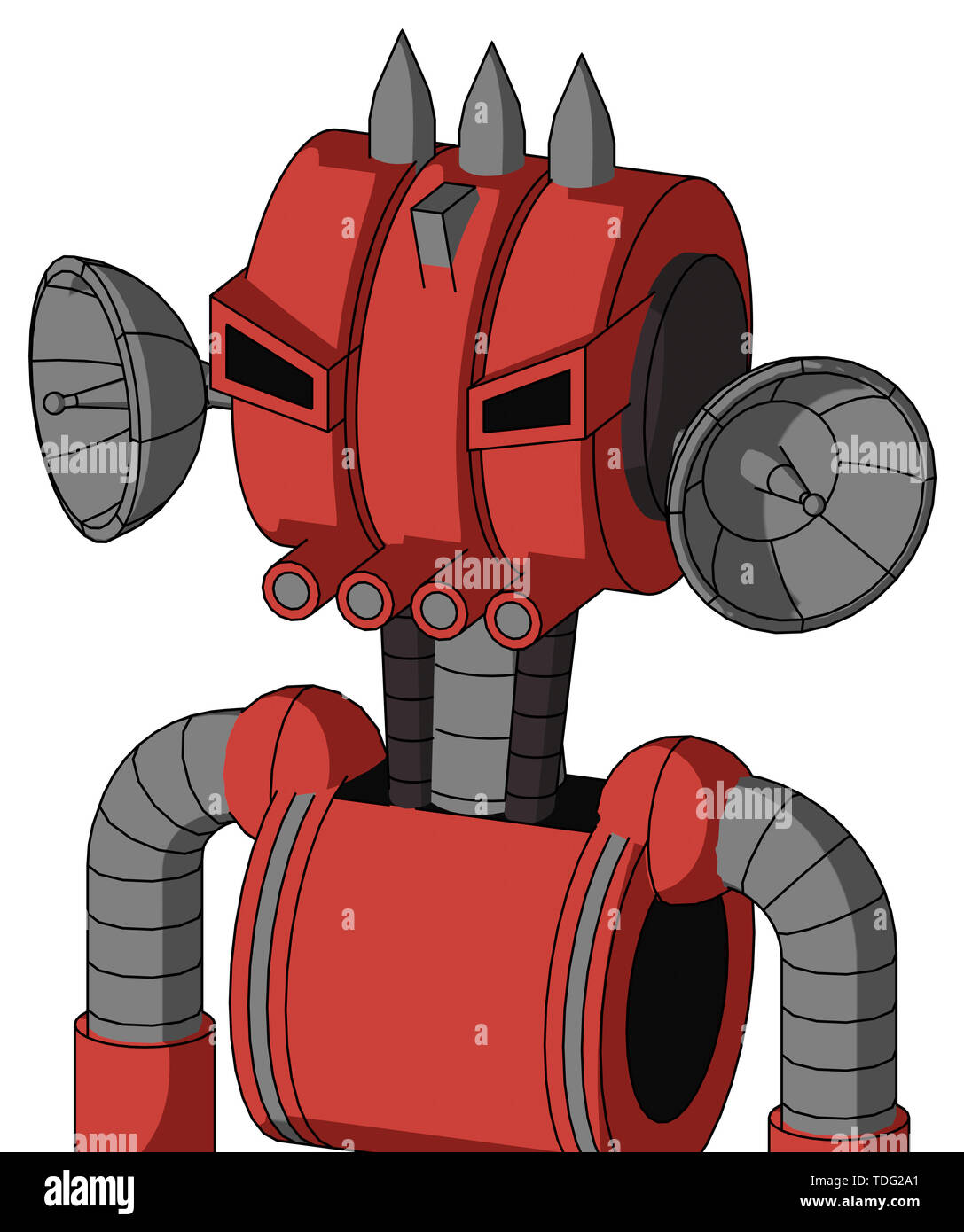 Portrait style tomato-red droid with multi-toroid head and pipes mouth ...