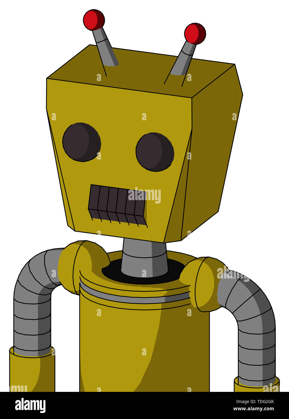 Portrait style yellow automaton with box head and dark tooth mouth and ...