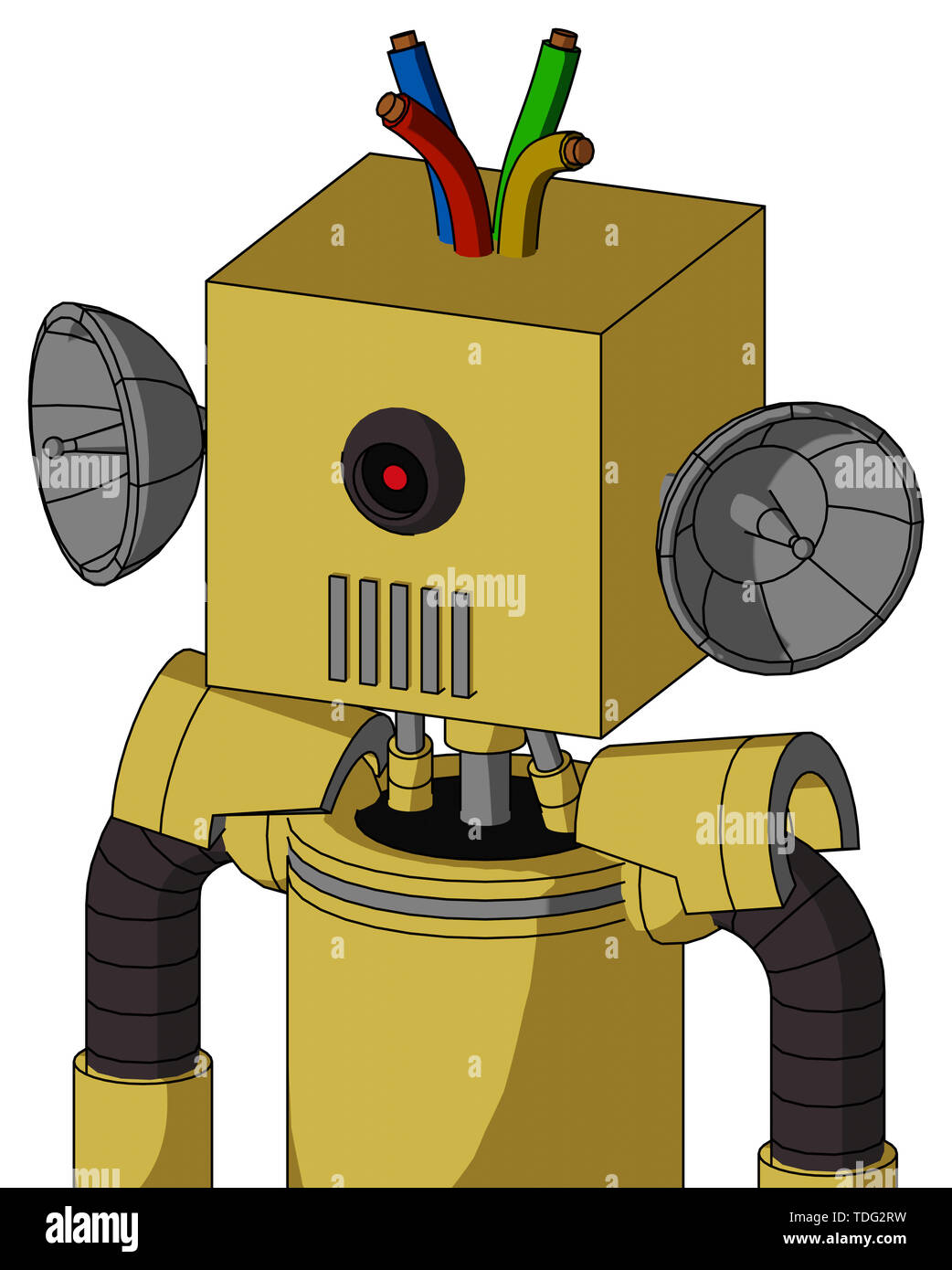 Portrait style yellow droid with box head and vent mouth and black ...