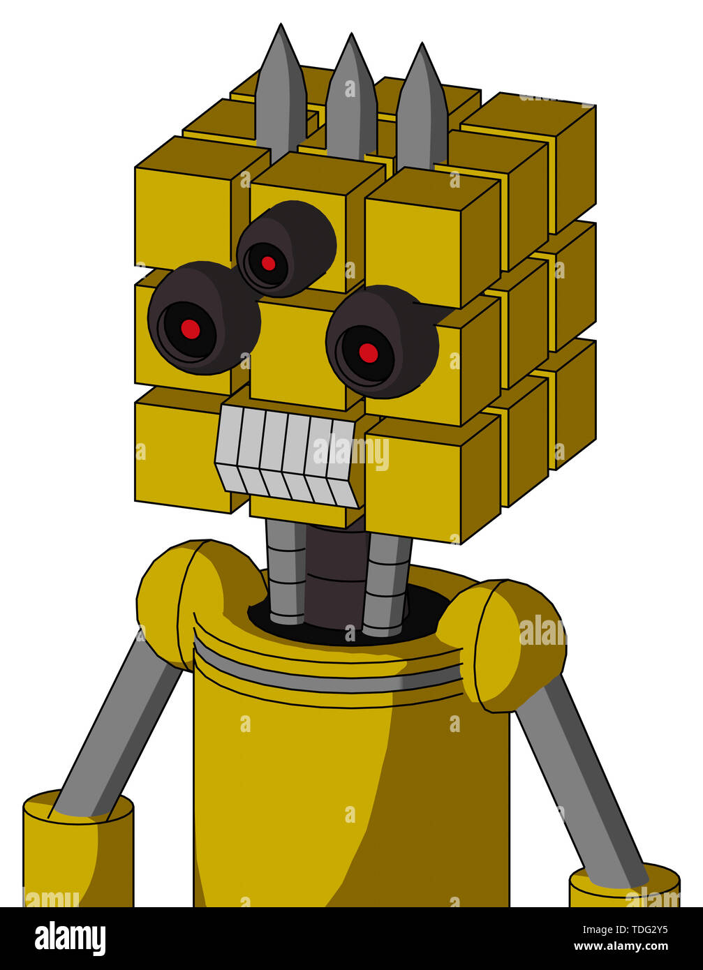Portrait style yellow droid with cube head and teeth mouth and three ...