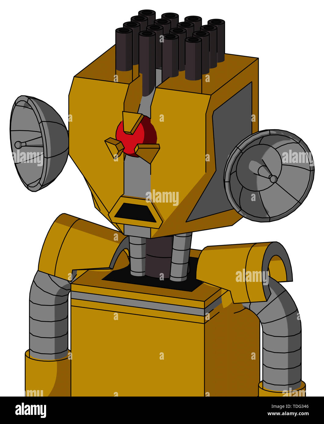 Portrait style yellow droid with mechanical head and sad mouth and ...
