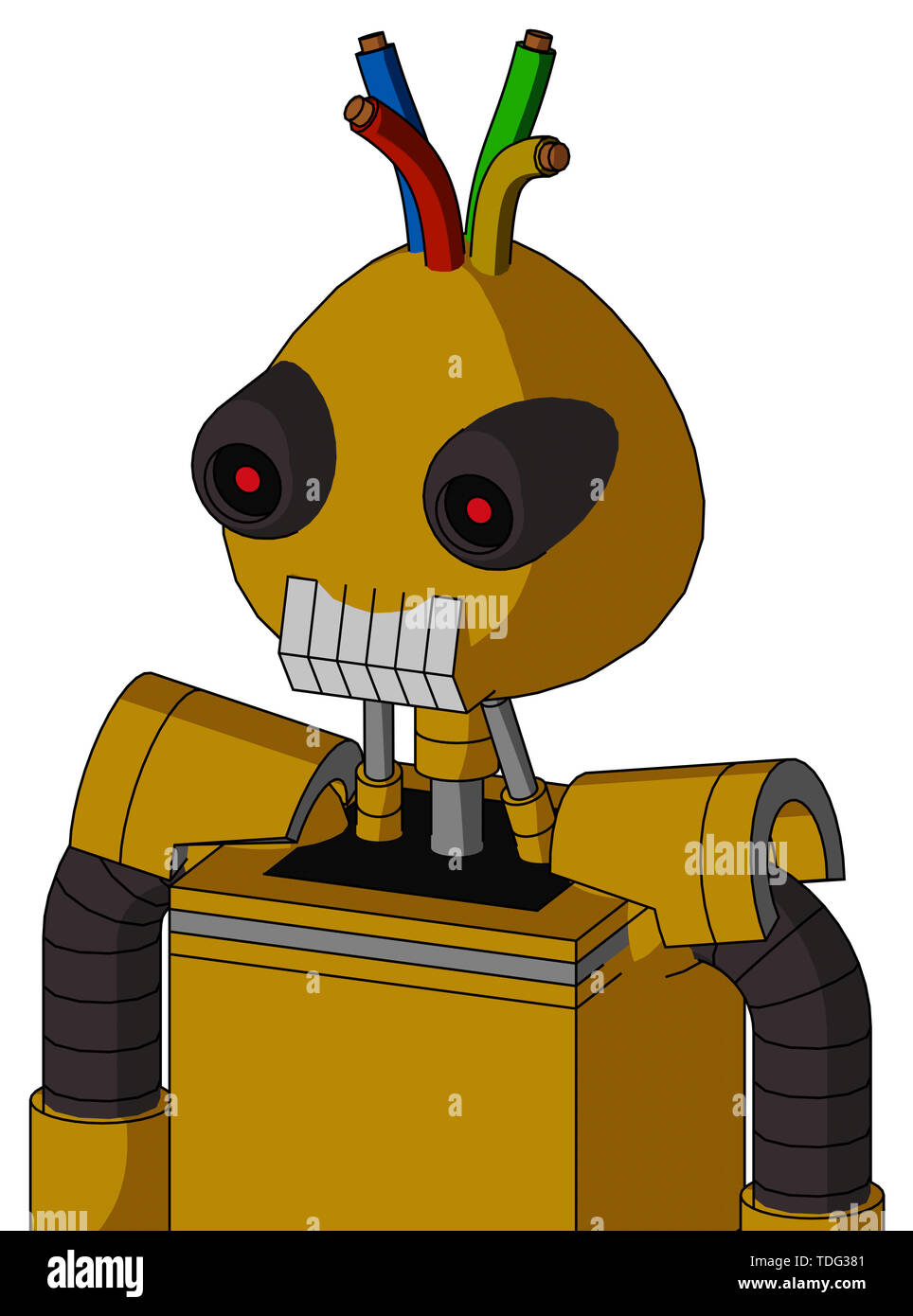 Portrait style yellow droid with rounded head and teeth mouth and black ...
