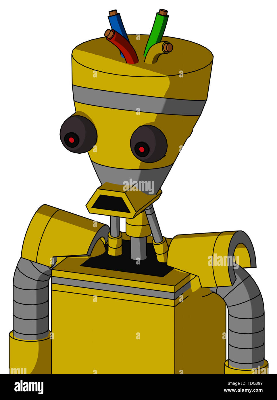 Portrait style yellow droid with vase head and sad mouth and red eyed ...