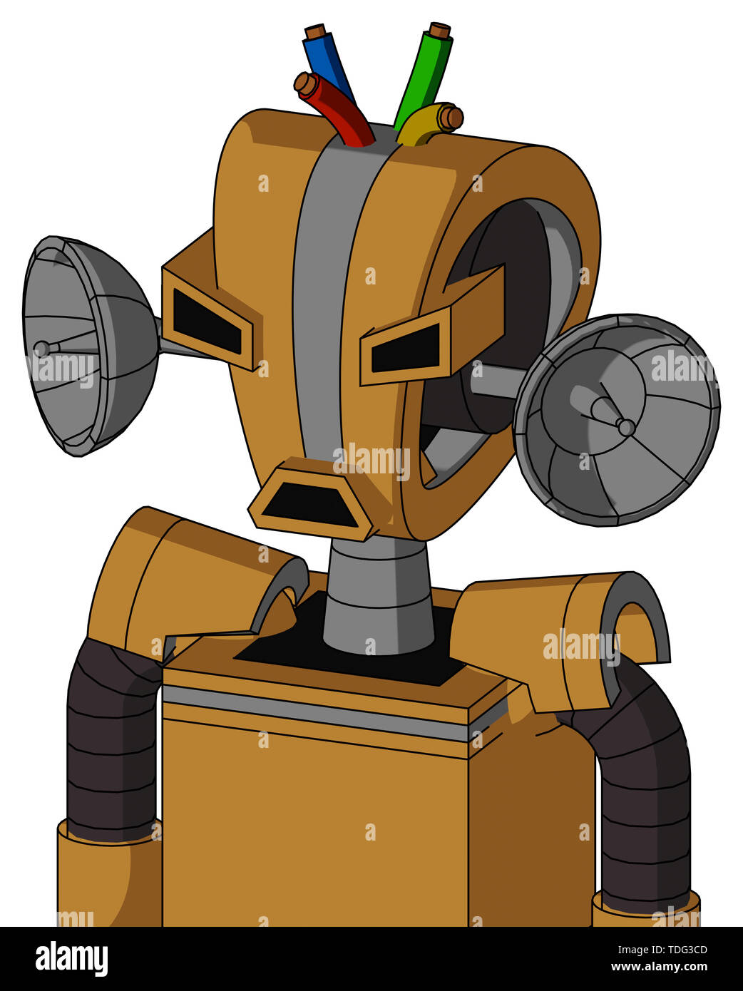 Portrait style yellowish droid with droid head and sad mouth and angry ...