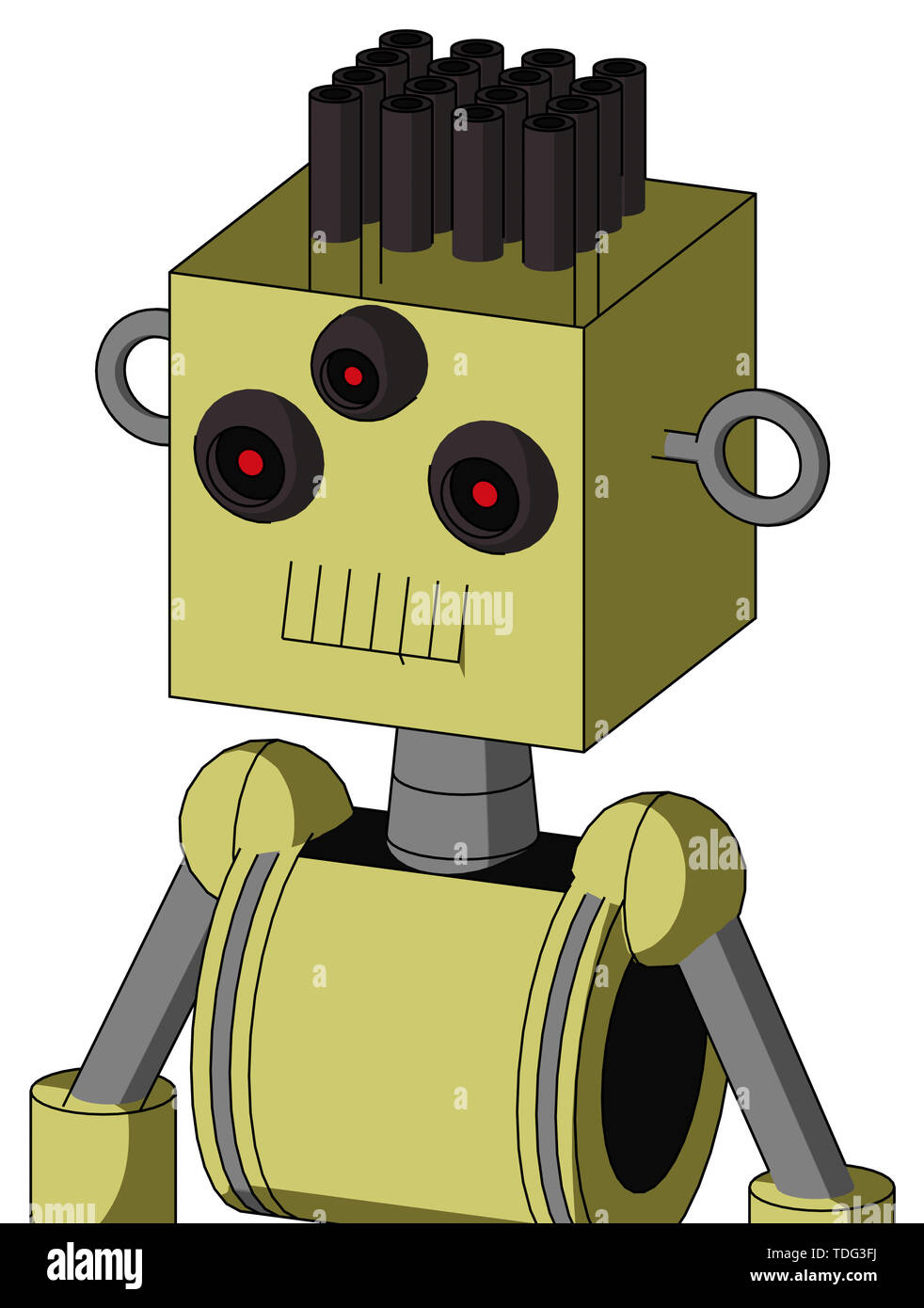 Portrait style yellow robot with box head and toothy mouth and three ...