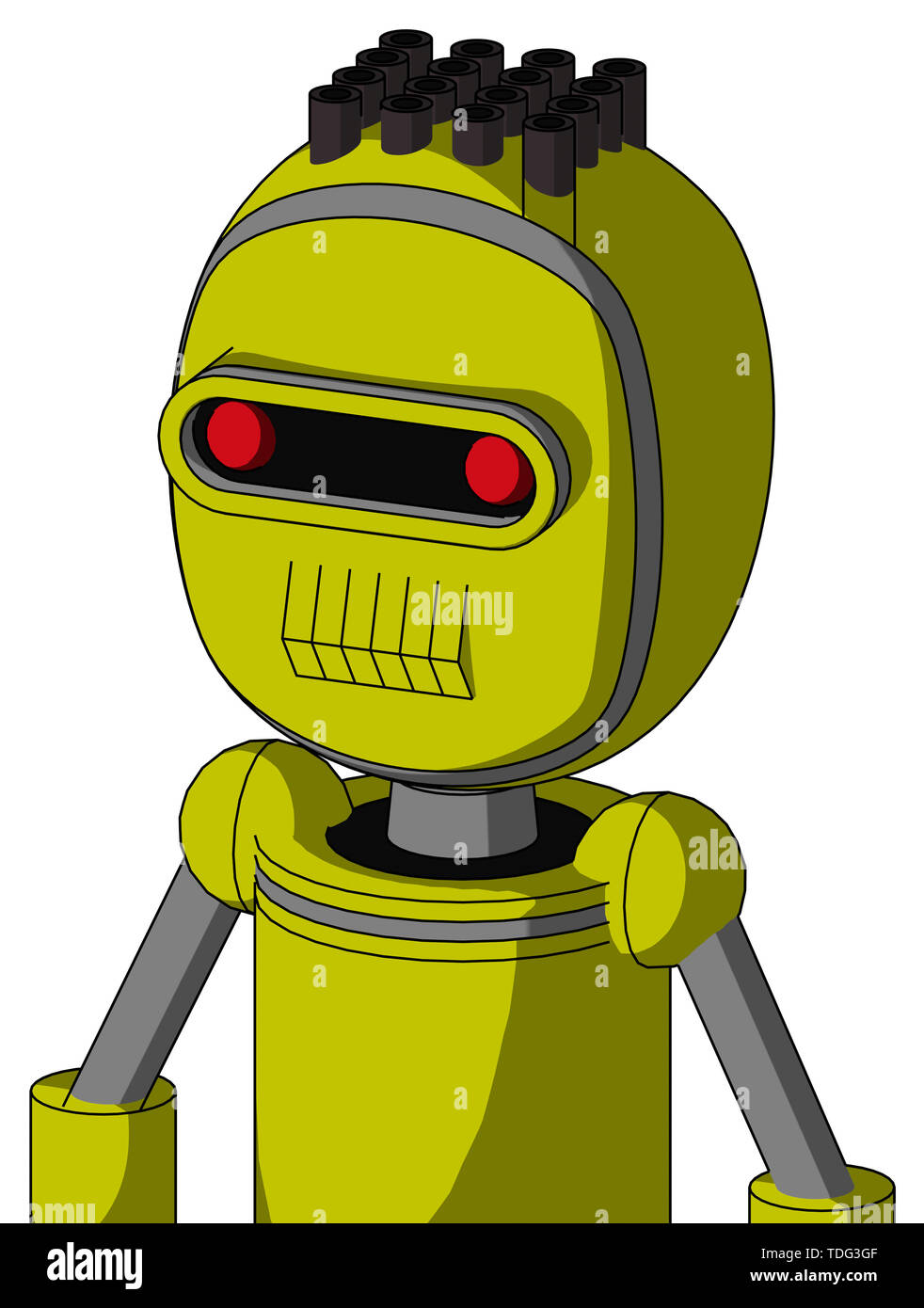 Portrait style yellow robot with bubble head and toothy mouth and visor ...