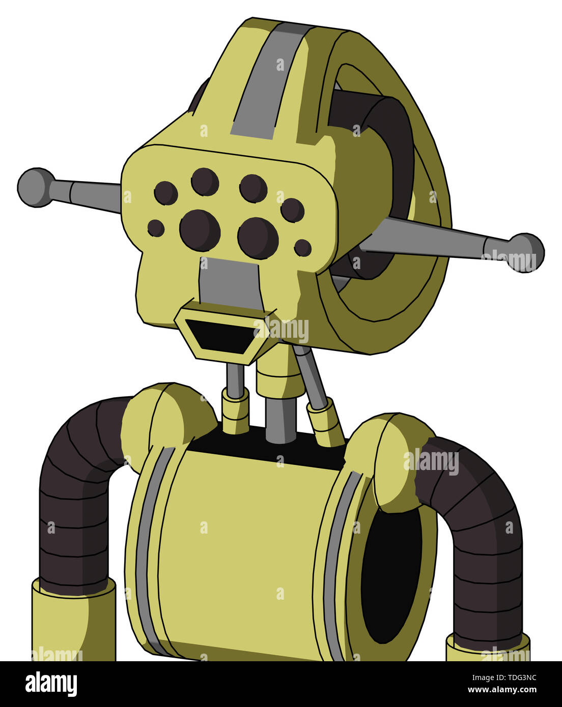 Portrait style yellow robot with droid head and happy mouth and bug ...