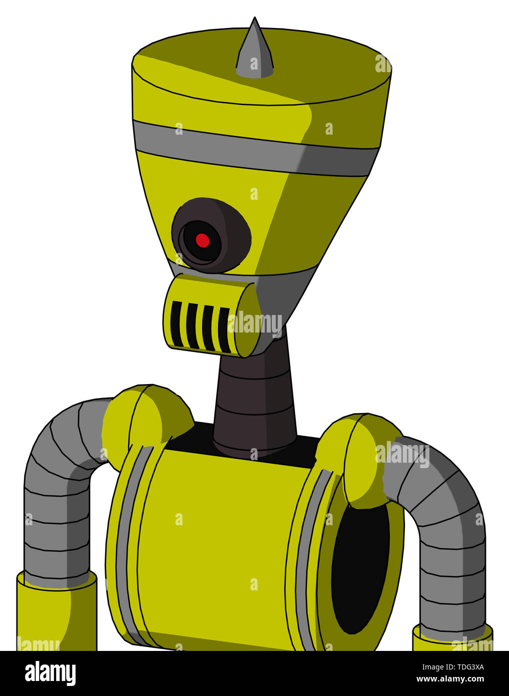Portrait style yellow robot with vase head and speakers mouth and black ...