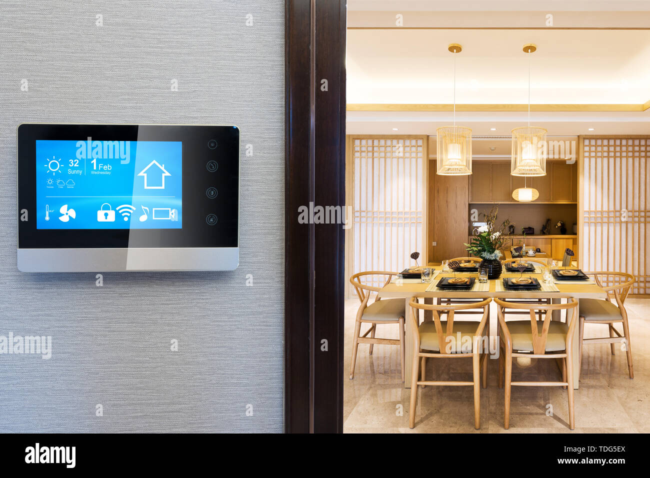 smart screen with smart home with modern dining room Stock Photo - Alamy