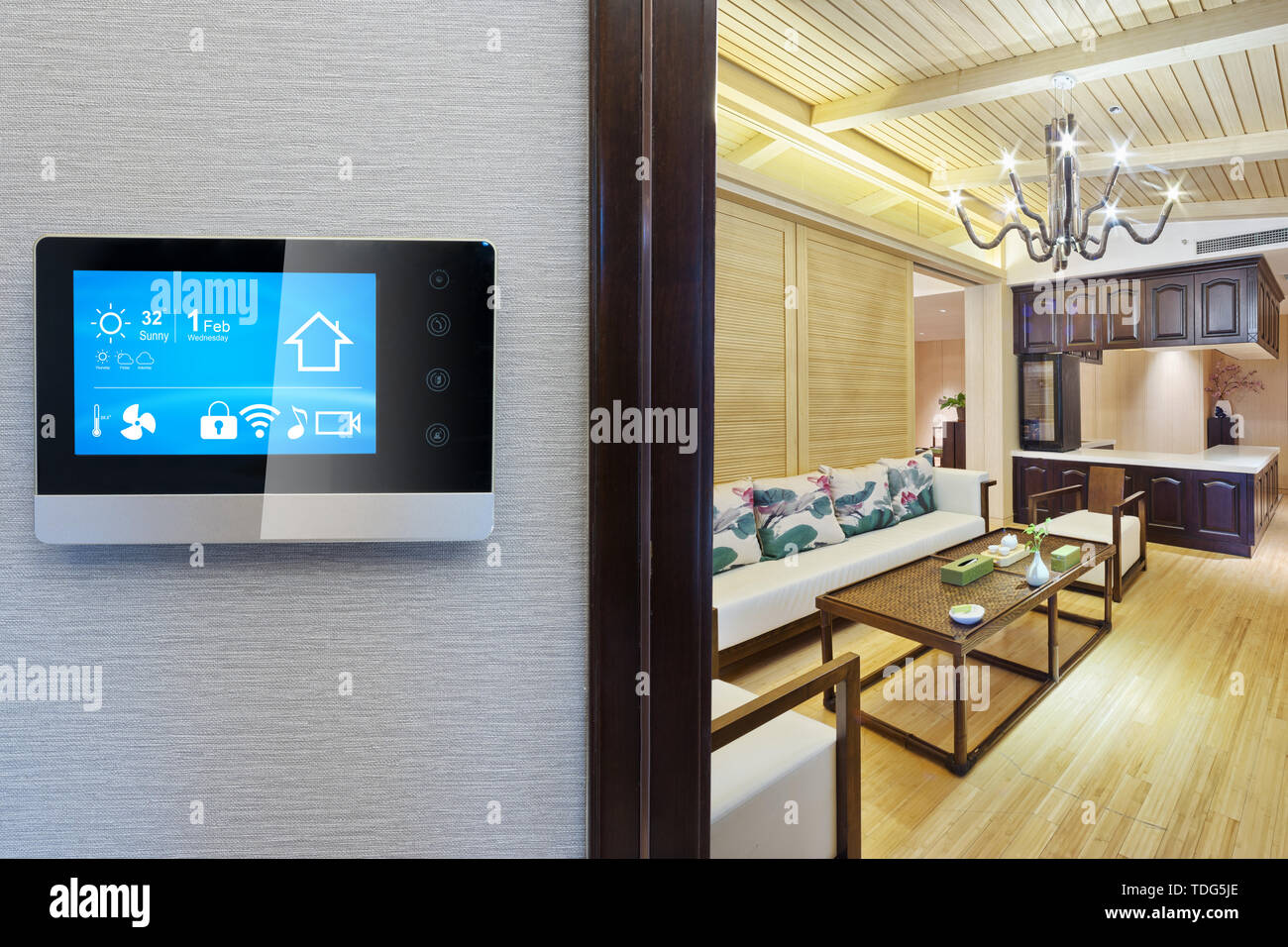 smart screen with smart home with modern living room Stock Photo - Alamy