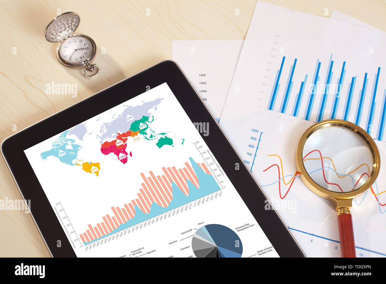 digital tablet and smartphone with financial chart report, paper Stock ...