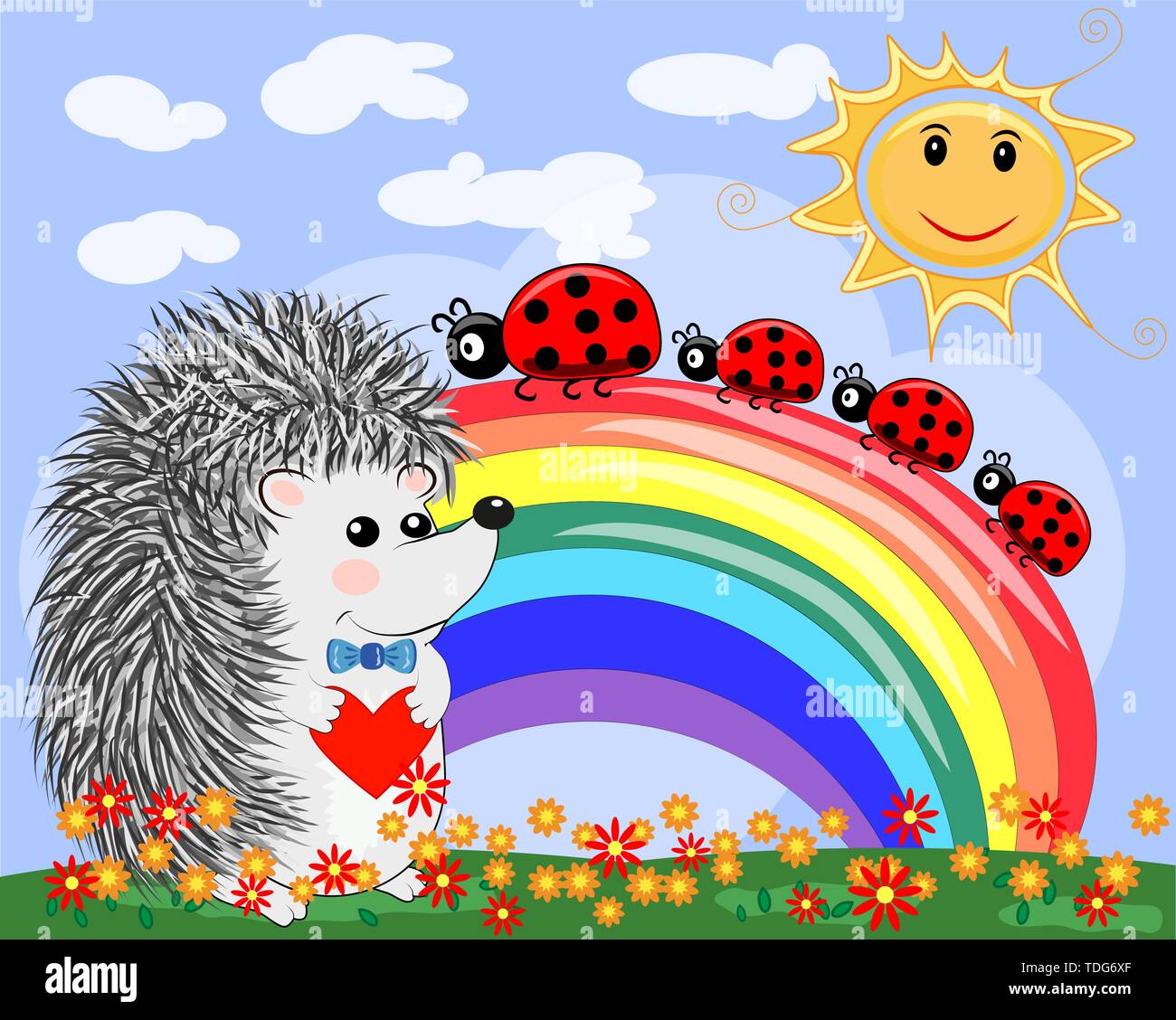 Lovely cartoon hedgehog near the seven-colored rainbow in a clear ...