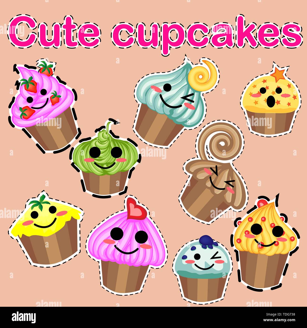 Set of cute sweet icons in kawaii style with smiling face and pink ...
