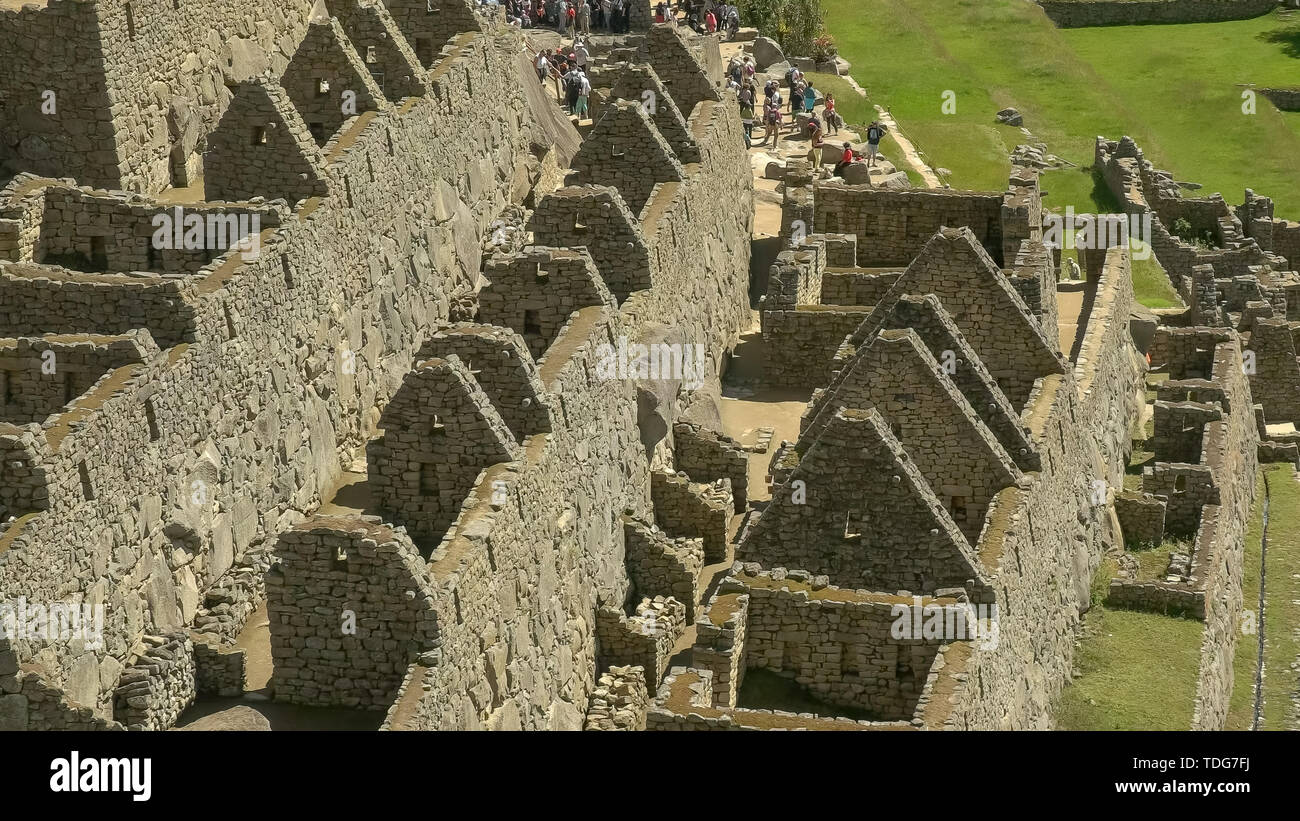 close up shot of ruins at peru's famous lost incan city of machu picchu ...